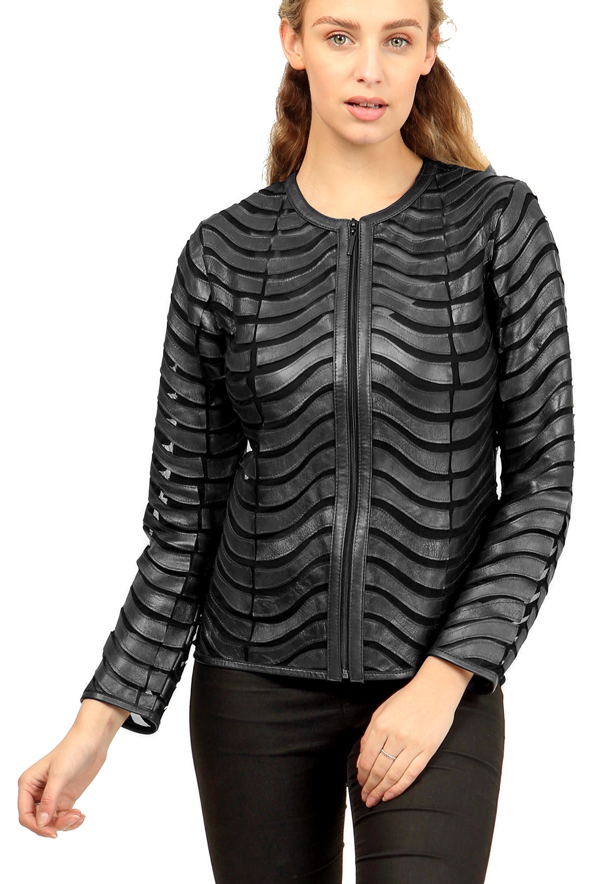 Women's Genuine Lambskin Leather Applique Mesh Jacket Made by Handmade ...